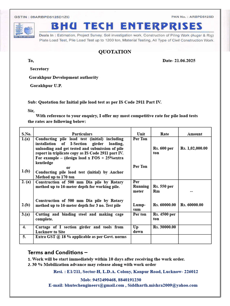 Quotation For Pile Load Test Gorakhpur | PDF | Deep Foundation