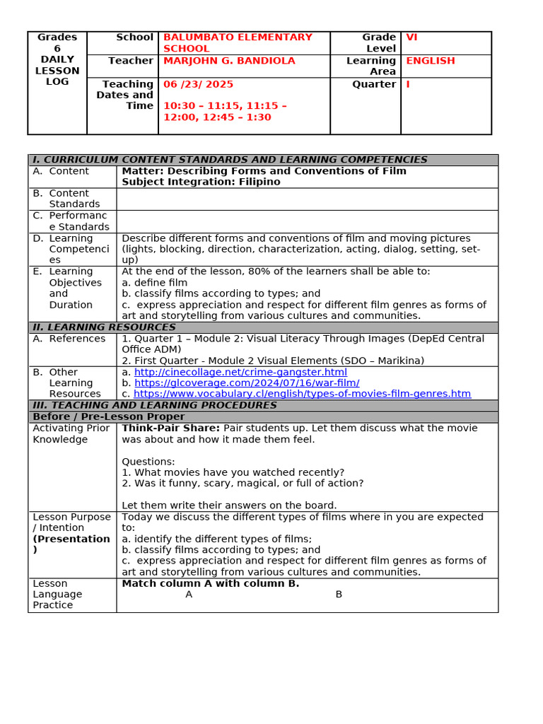 English 6 - Quarter 1 - Lesson 2 | PDF | Genre | Learning