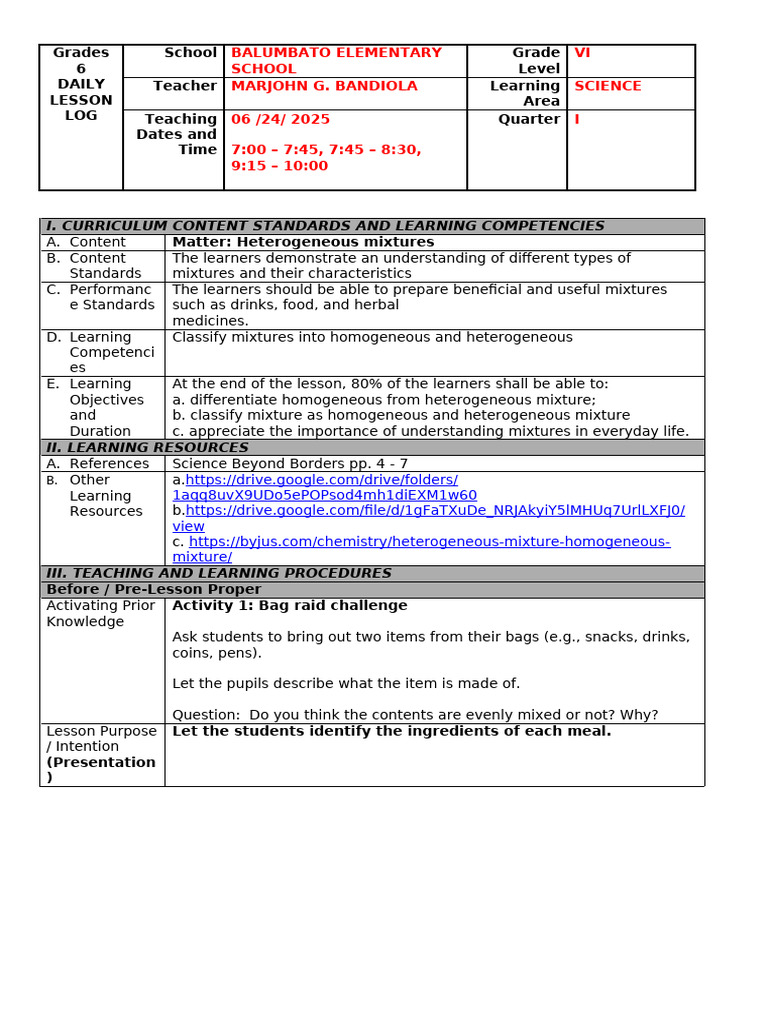 Science 6 - Quarter 1 - Lesson 3 | PDF | Mixture | Homogeneity And ...