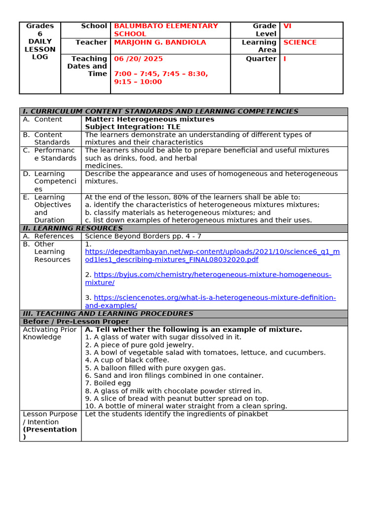 Science 6 - Quarter 1 - Lesson 2 | PDF | Mixture | Foods
