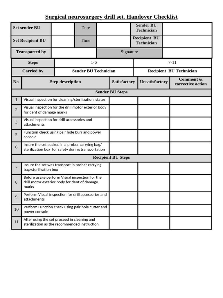 Surgical Neurosurgery Drill Set. Handover Checklist | PDF