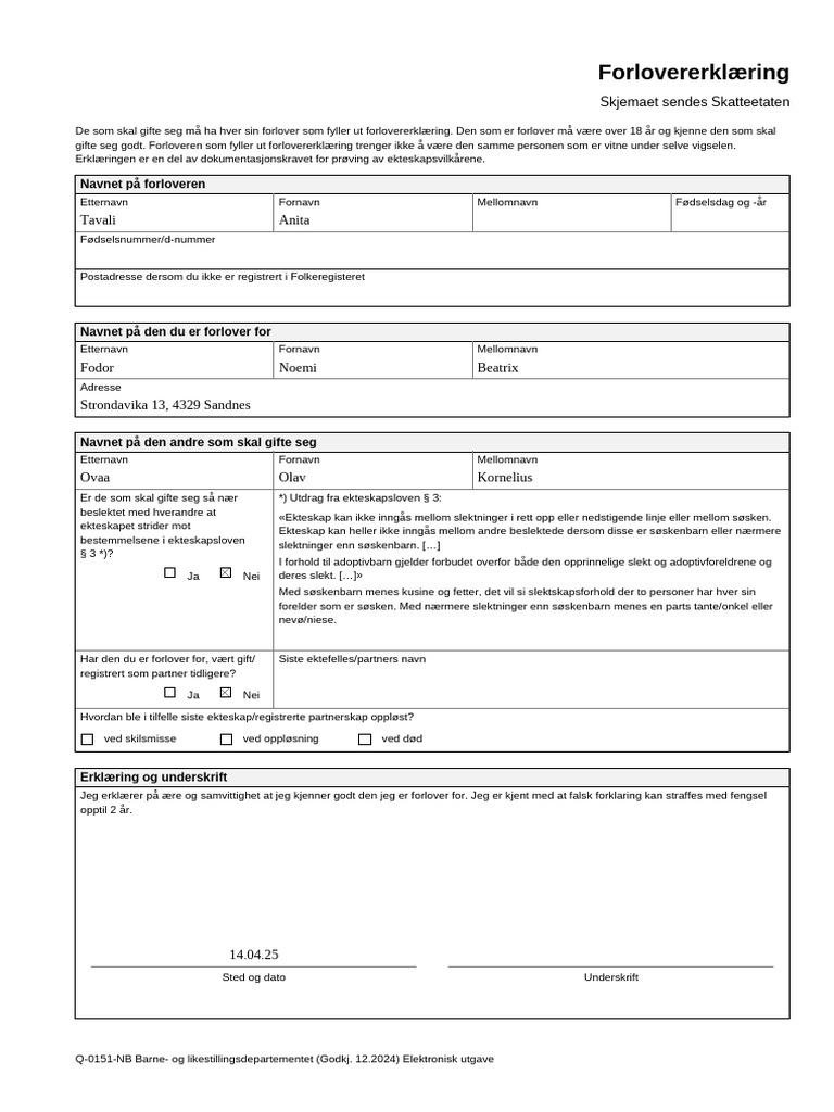 Forlovererklæring Q 0151 | PDF