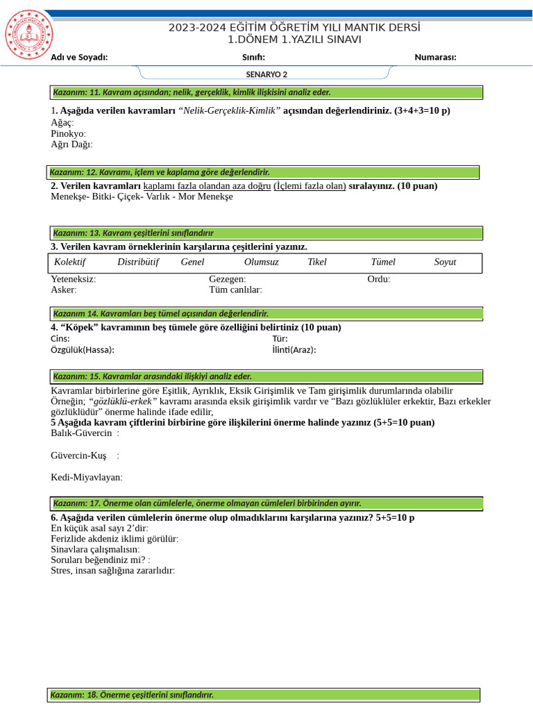 12.sinif Mantik 1. Donem 2.yazili Sorulari Ve Cevaplari | PDF