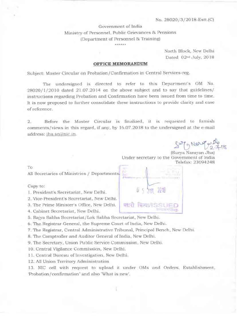 Dopt Master Circular On Probation Confirmation in Central Services | PDF