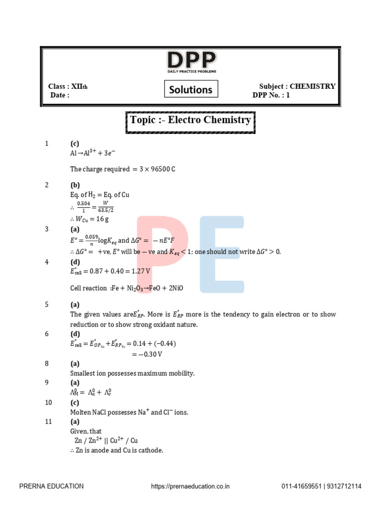 Electrochemistry DPP 1 Solutions | PDF | Redox | Electrochemistry