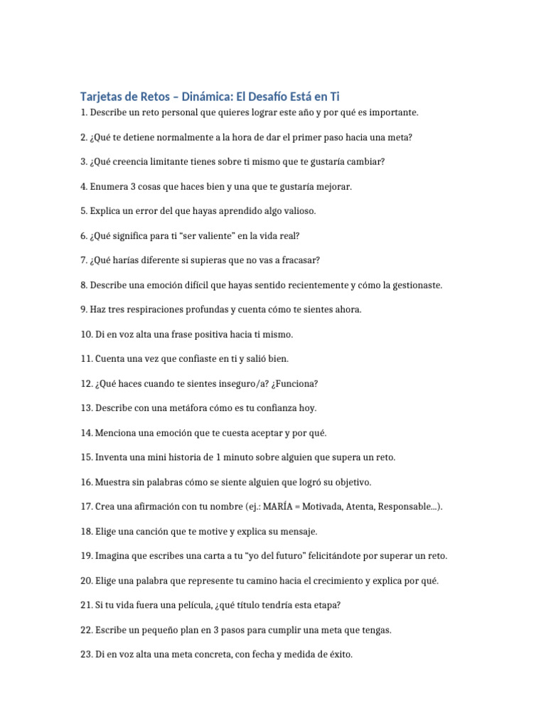 Tarjetas de Retos para el Crecimiento Personal | PDF