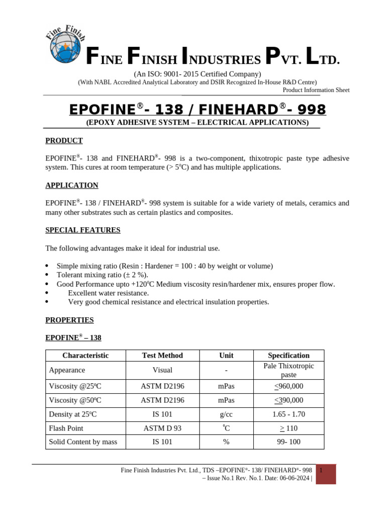 138 - 998 (v1.0) Two Pack Adhesive | PDF | Epoxy | Adhesive