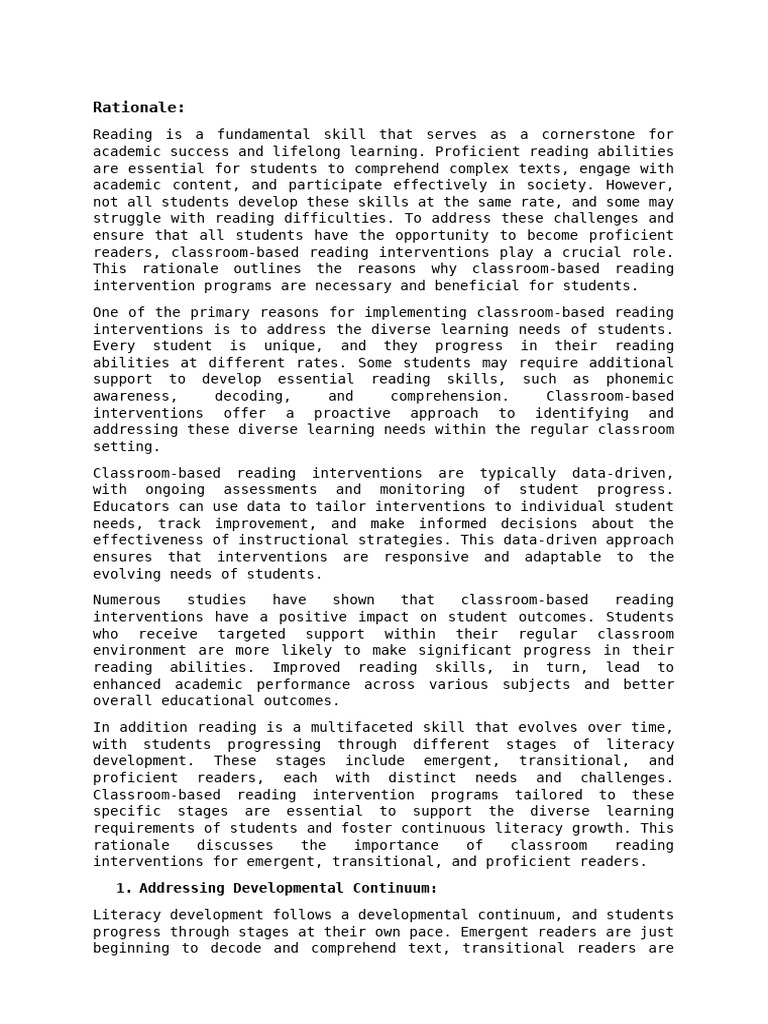 Rationale Reading Intervention | PDF | Reading Comprehension | Differentiated Instruction
