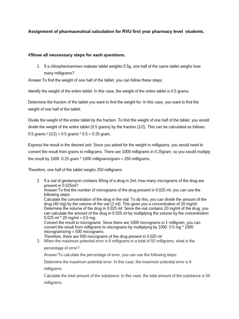 Assignment of Pharmaceutical Calculation For RVU First Year Pharmacy | PDF | Mass Concentration ...