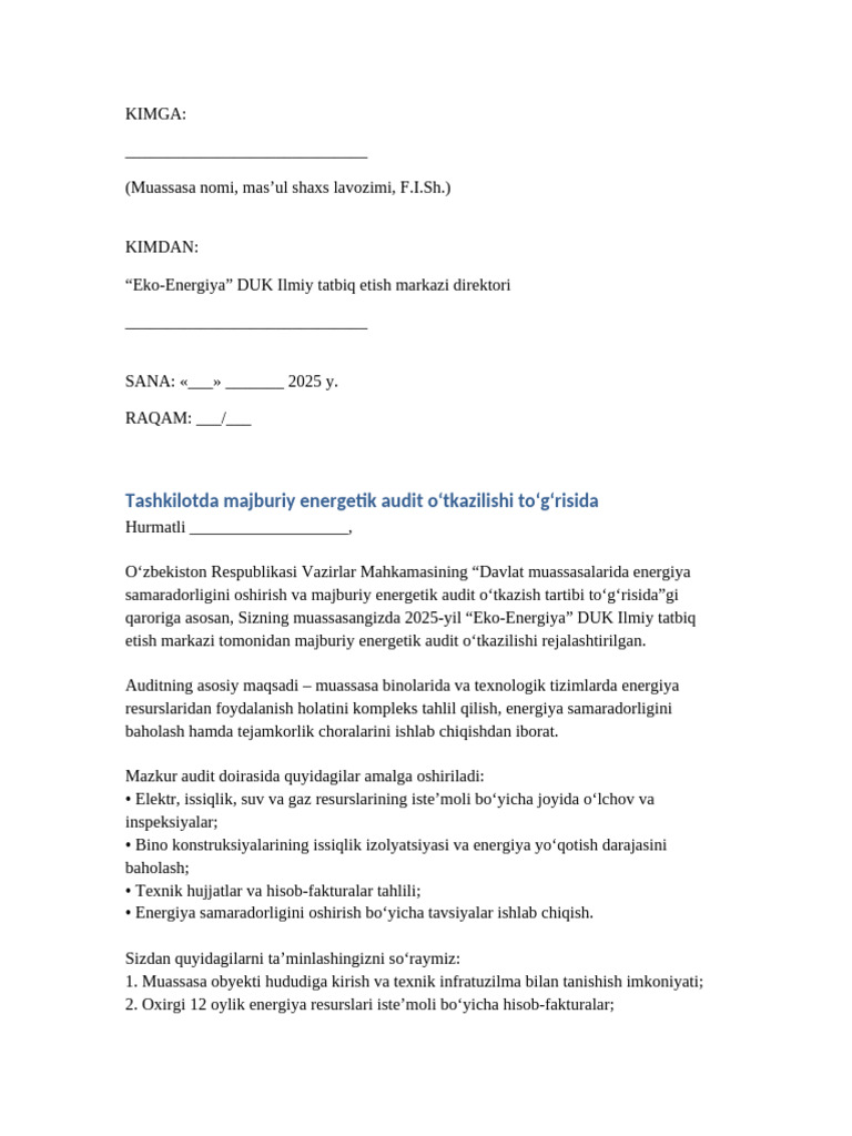 Energetik Audit Xat Namuna | PDF