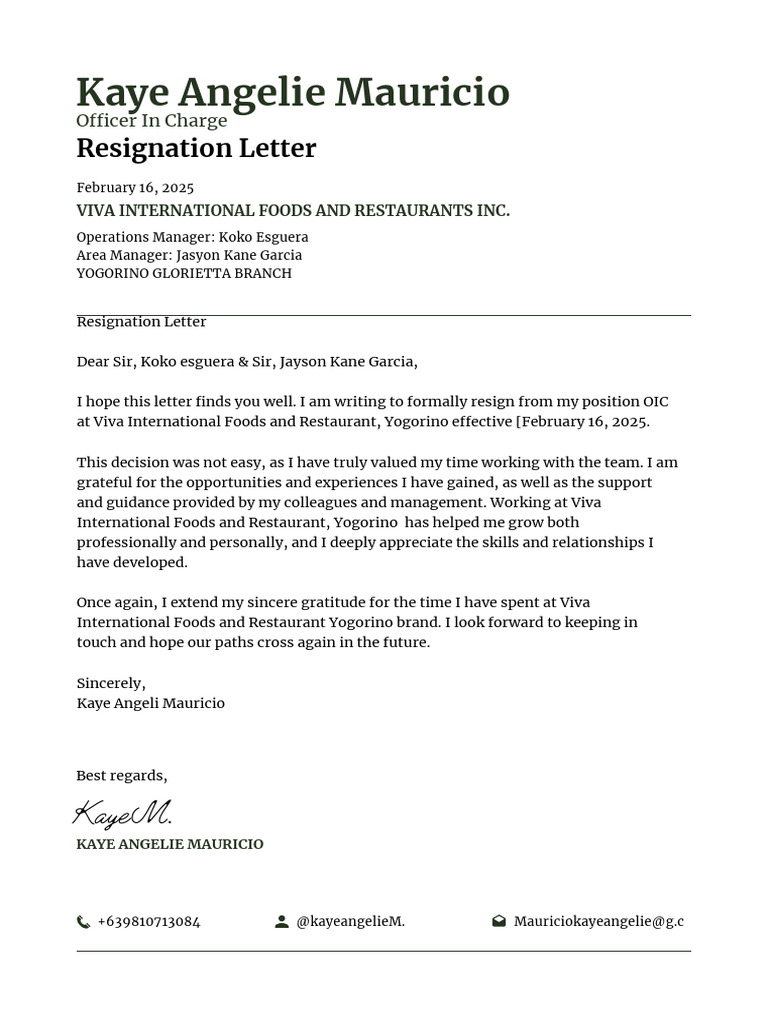 Kaye Angelie Mauricio Resignation Letter | PDF
