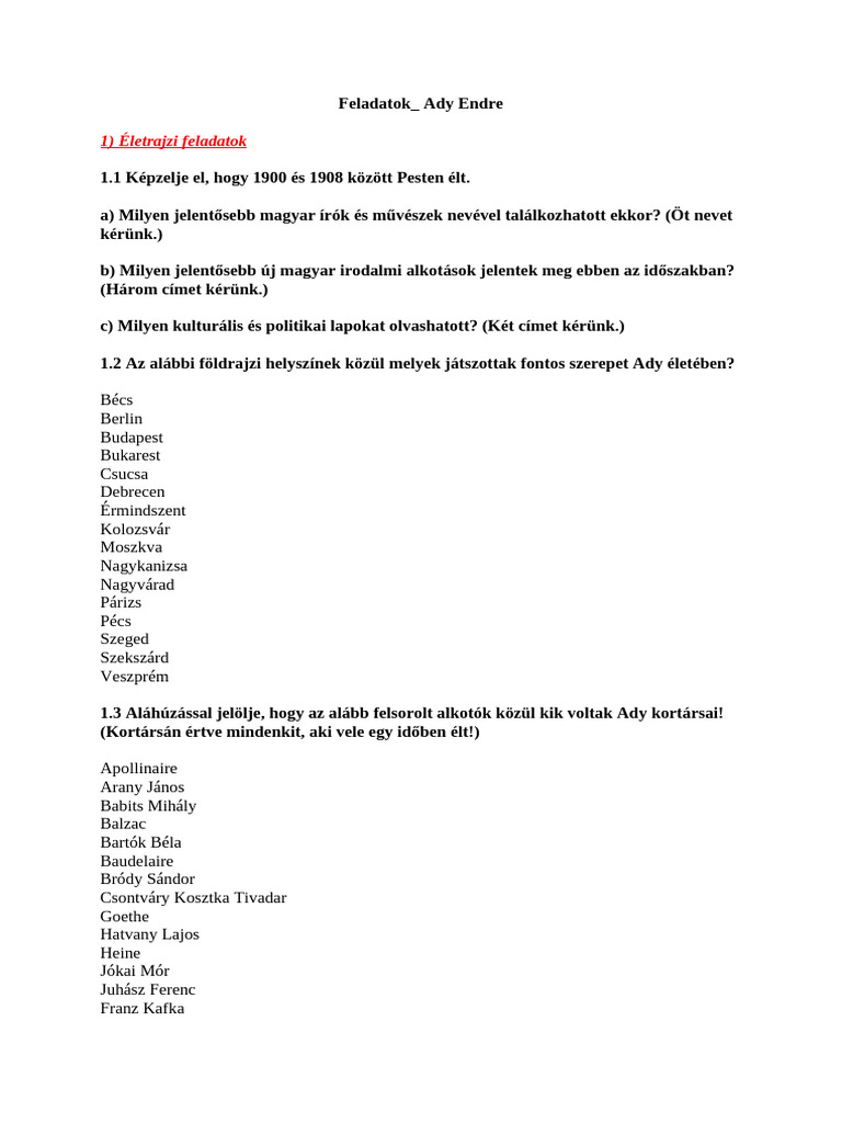 Feladatok Ady Endre | PDF