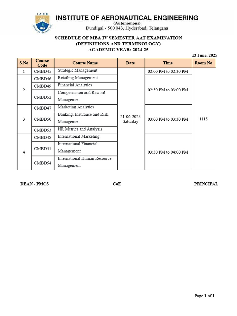 Schedule of Mba Iv Sem Aat DT Exam June 2025 | PDF