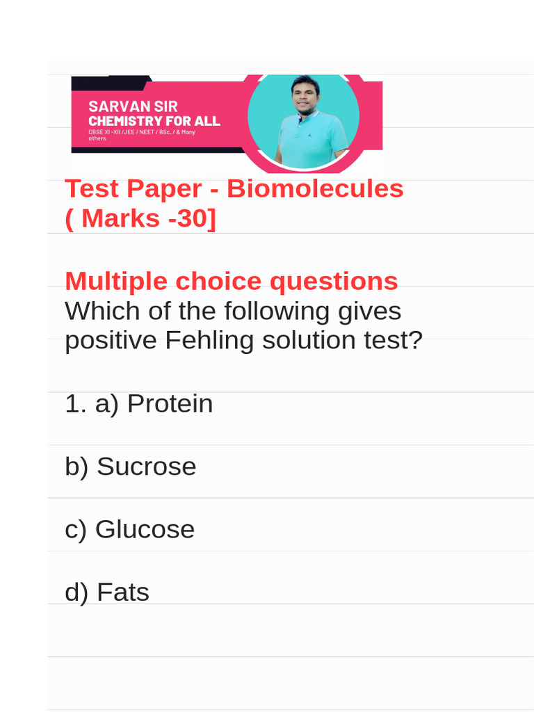 Biomolecules Test Paper Questions | PDF | Glucose | Carbohydrates