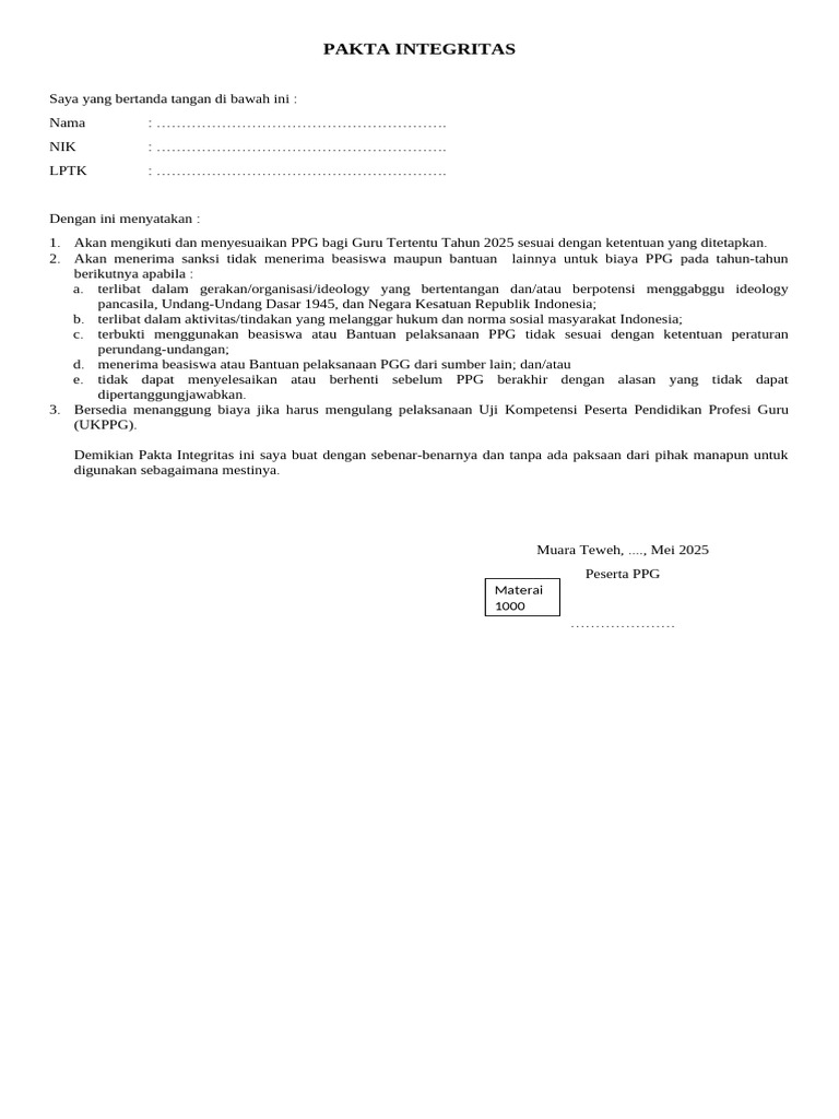 Pakta Integritas Ppg Pdf