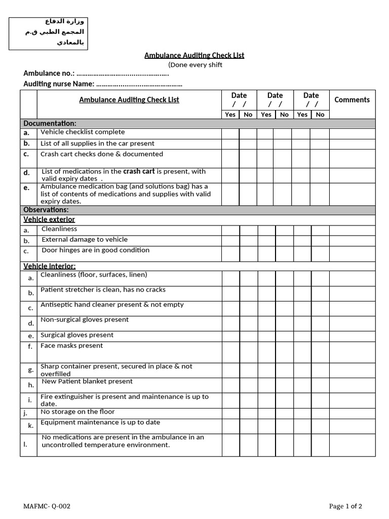 Ambulance Equipment Audit Checklist | PDF | Medicine | Medical Specialties