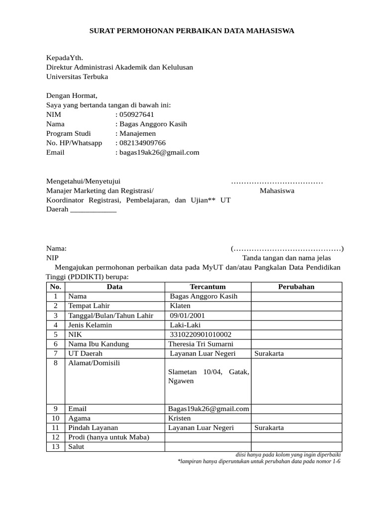 Surat Permohonan Perbaikan Data Mahasiswa Ut-1-2 | PDF