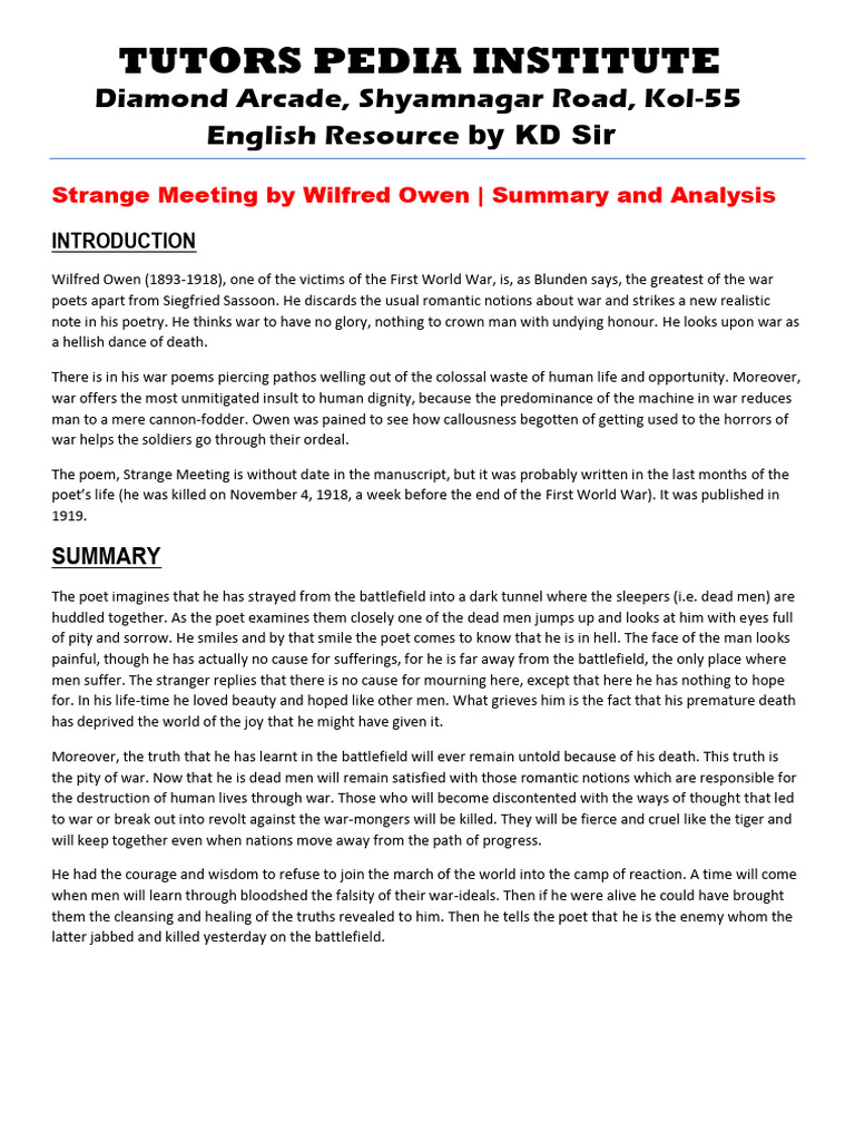 STRANGE MEETING by Wilfred Owen - Summary and Analysis | PDF