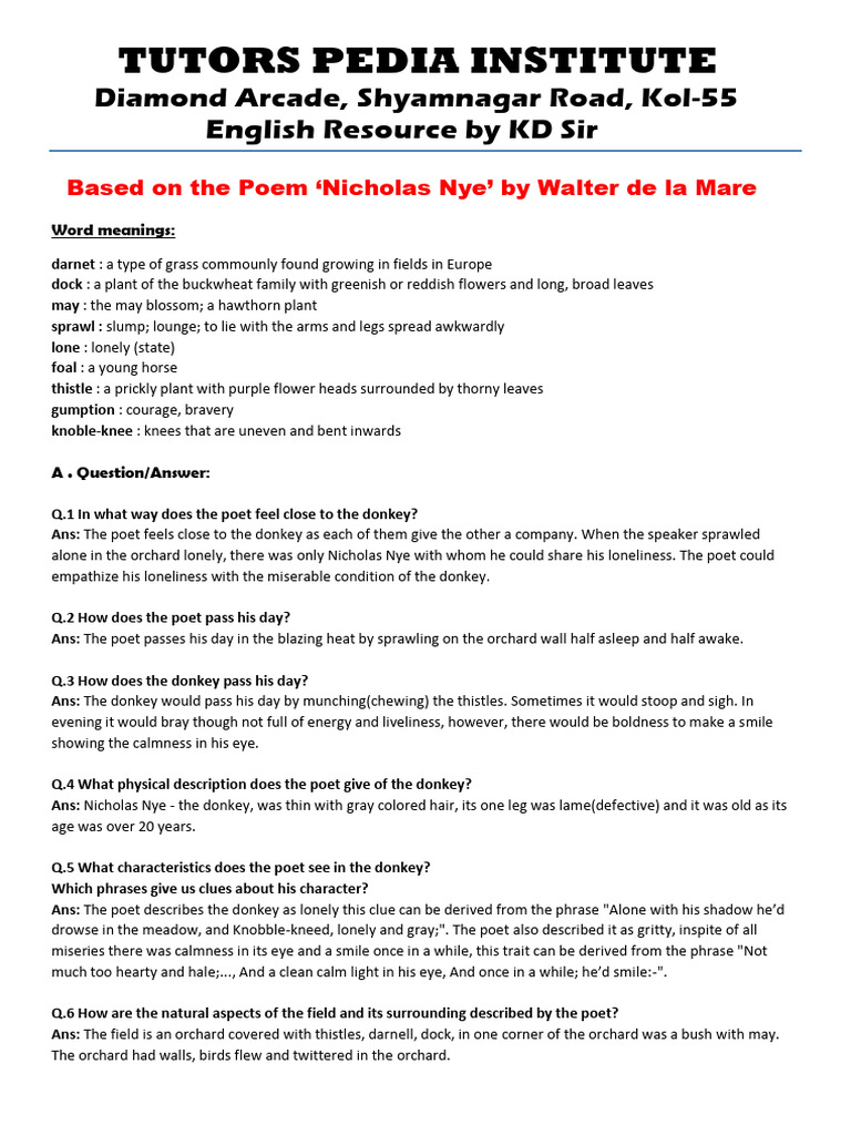 Nicholas Nye Poem Q&A Guide | PDF