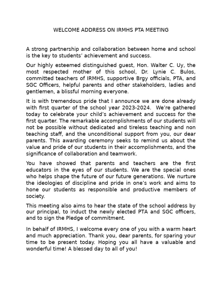 Welcome Address On Irmhs Pta Meeting | PDF