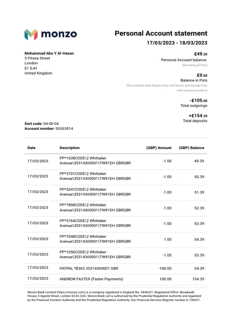 Monzo Bank Statement 2025 02 02 155444 | PDF | Financial Services | Banking