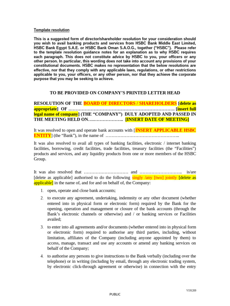 HSBC Board Resolution Template | PDF | Banks | Board Of Directors