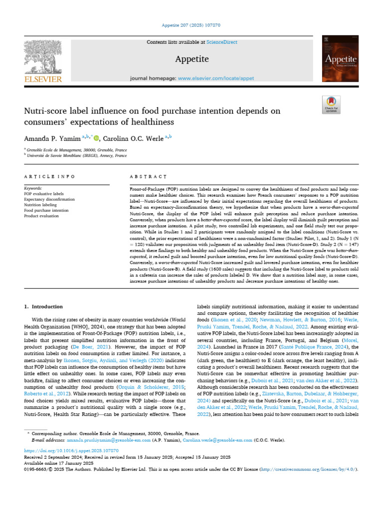 Nutri Score Label Influence On Food Purchase Intention Depends On - 2025 - Appe | PDF ...