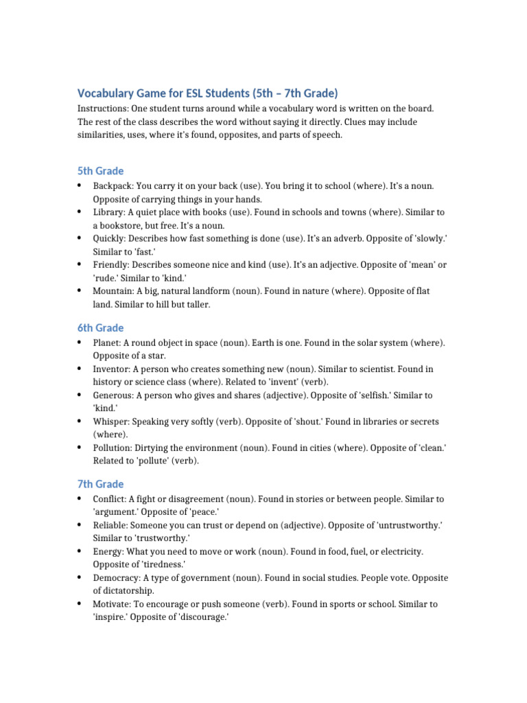ESL Vocabulary Game | PDF