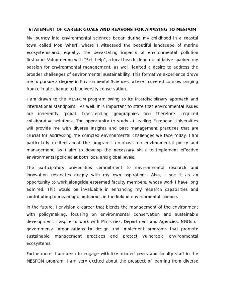 Statement of Career Goals and Reasons For Applying To MESPOM | PDF