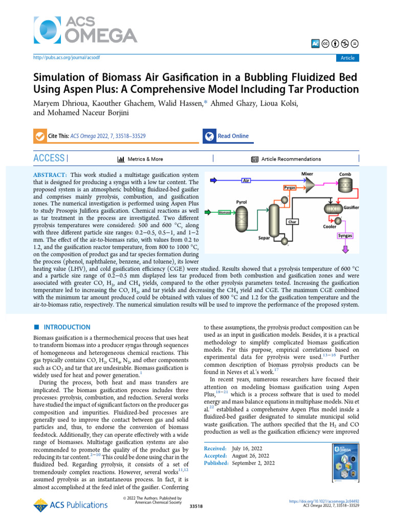 Dhrioua Et Al 2022 Simulation of Biomass Air Gasification in A Bubbling Fluidized Bed Using ...