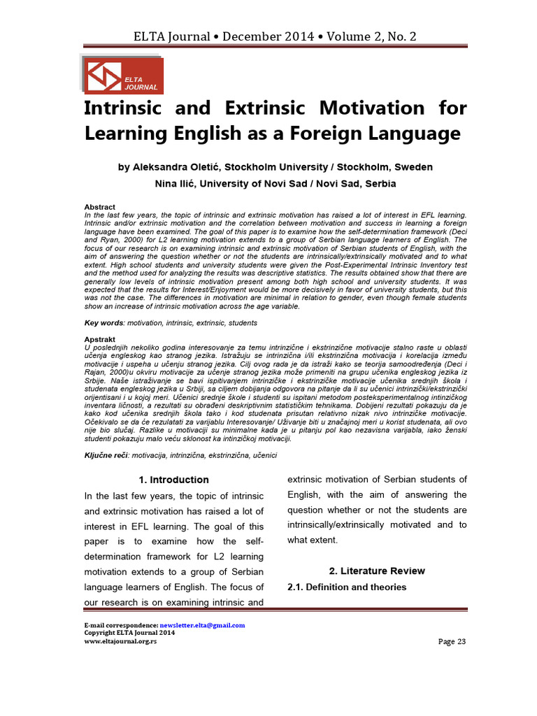 Intrinsic and Extrinsic Motivation For L | PDF | Motivational | Motivation