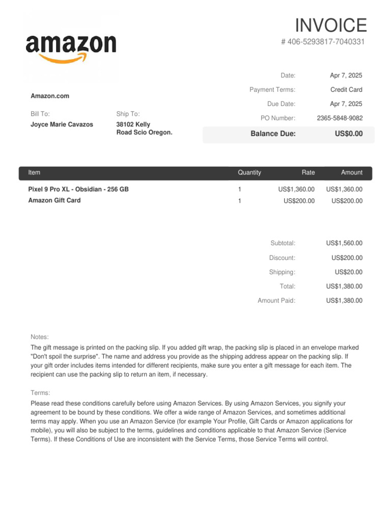 Amazon Invoice for Pixel 9 Pro XL Purchase | PDF | Receipt | Invoice