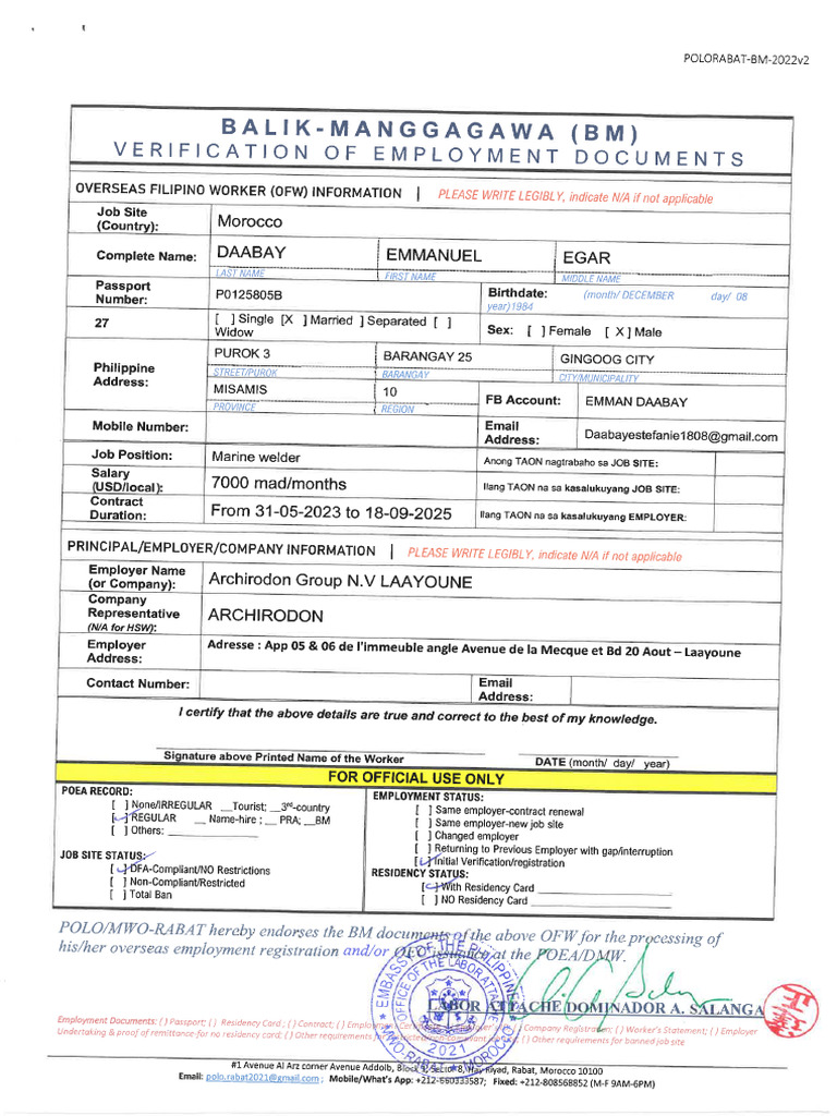 Verification Contract, Passport and Residence I.D Visa | PDF
