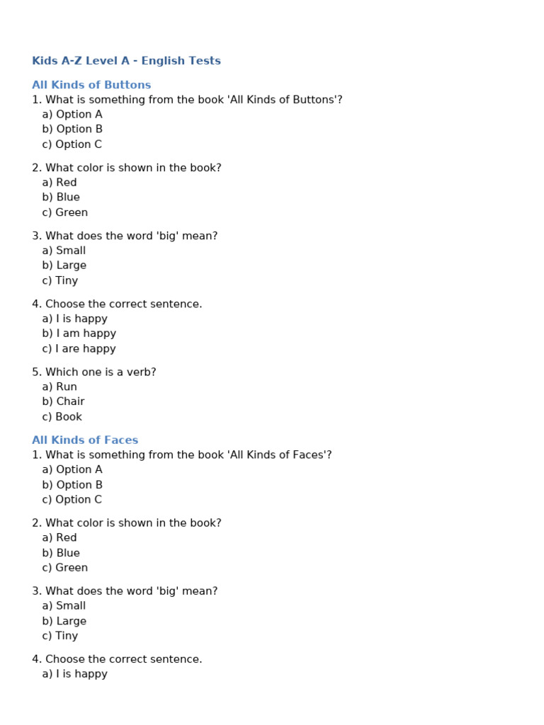 KidsA-Z LevelA English Tests | PDF