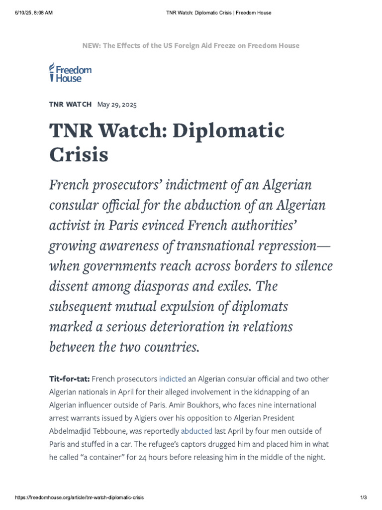 TNR Watch - Diplomatic Crisis - Freedom House | PDF