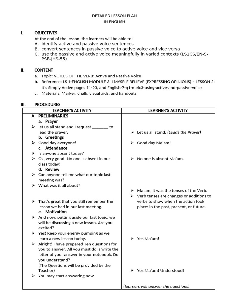 Detailed Lesson Plan Active and Passive | PDF | Subject (Grammar) | Grammar