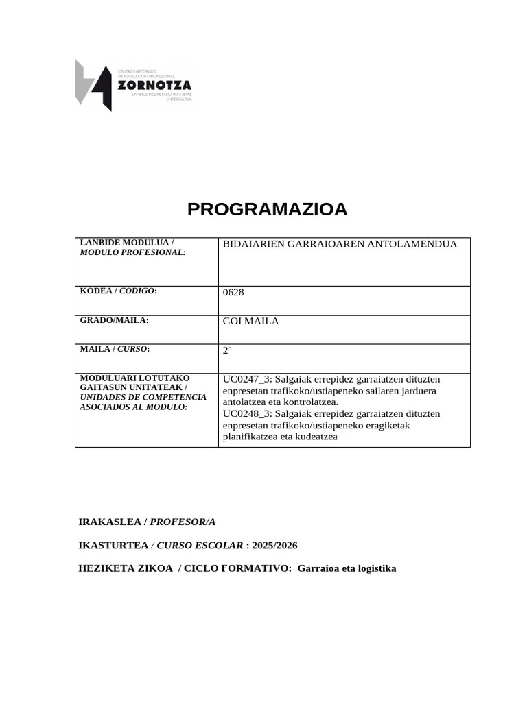 PROGRAMAZIOA OTVI Bidaiarien Garraioaren Antolamendua 25-26 | PDF