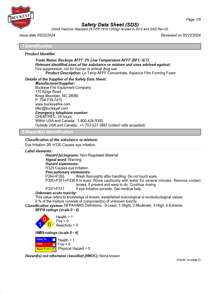 Buckeye AFFF 3% Low Temp SDS Guide | PDF | Dangerous Goods | Workplace