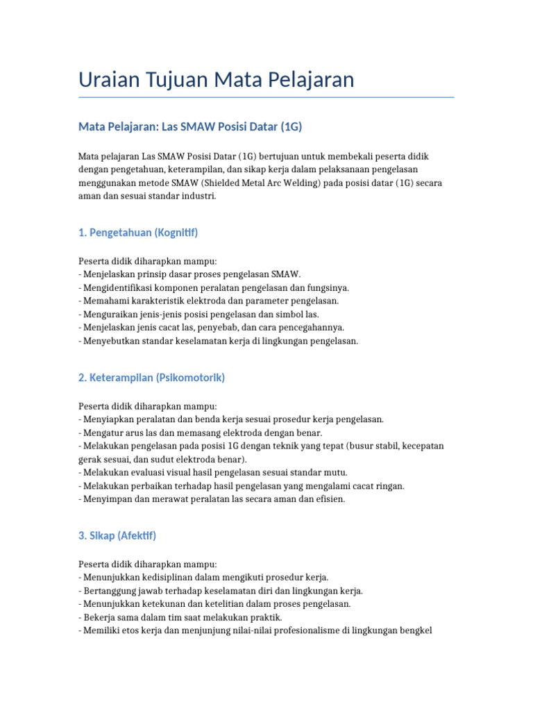 Uraian Tujuan Mapel Las SMAW 1G | PDF