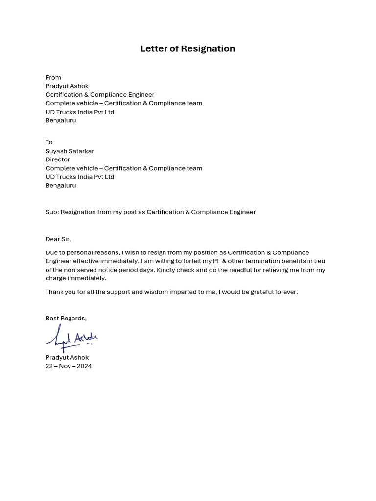Letter of Resignation - Pradyut 1 | PDF