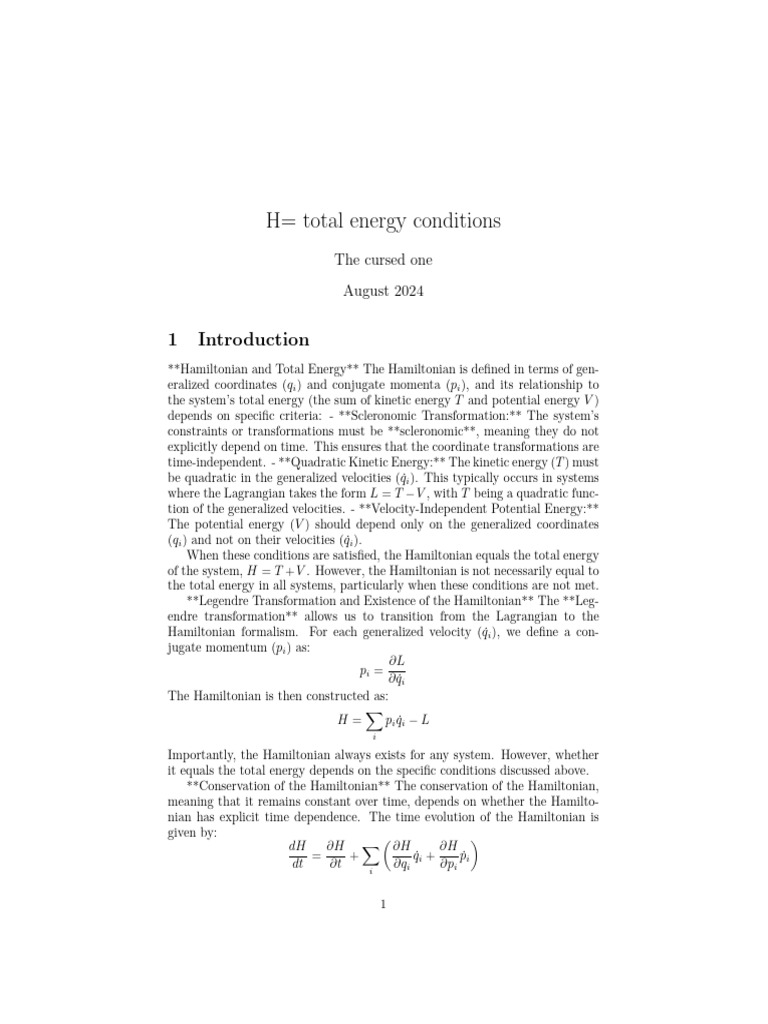 Conditions for Hamiltonian as Total Energy | PDF | Hamiltonian ...