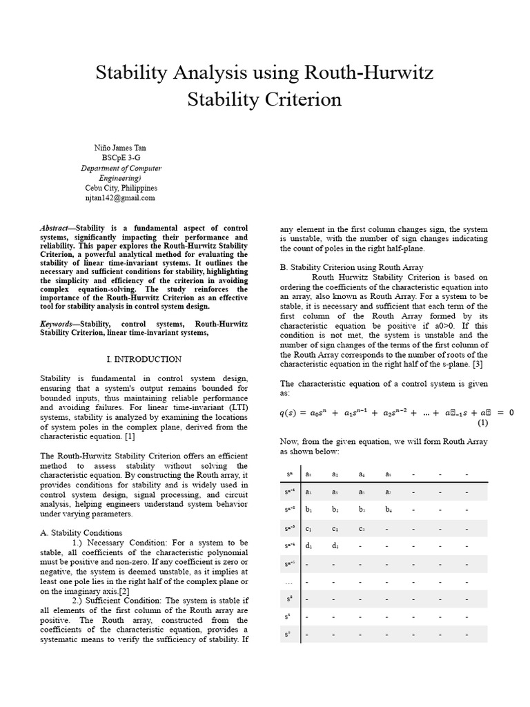 IEEE - Routh-Hurwitz Stability Criterion - Tan, Niño James A. | PDF | Stability Theory ...