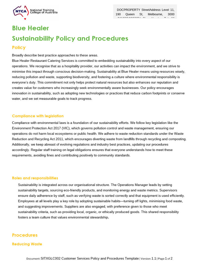 SITXGLC002 Sustainability Policy and Procedures Template | PDF ...