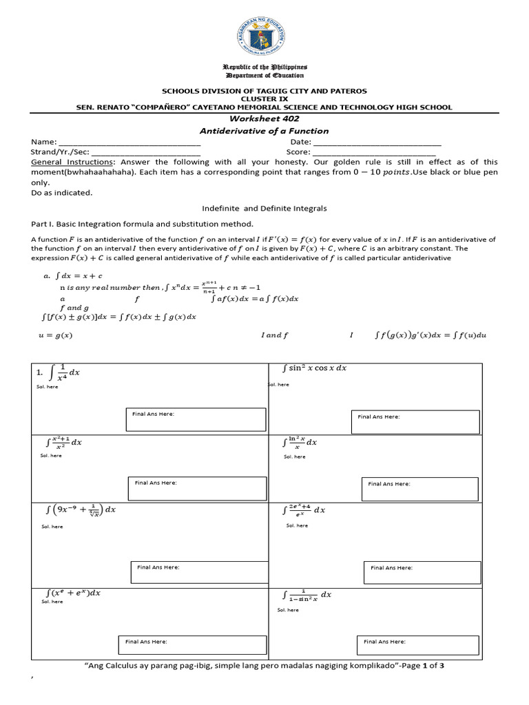 Worksheet 402 Antiderivatives | PDF | Function (Mathematics) | Analysis