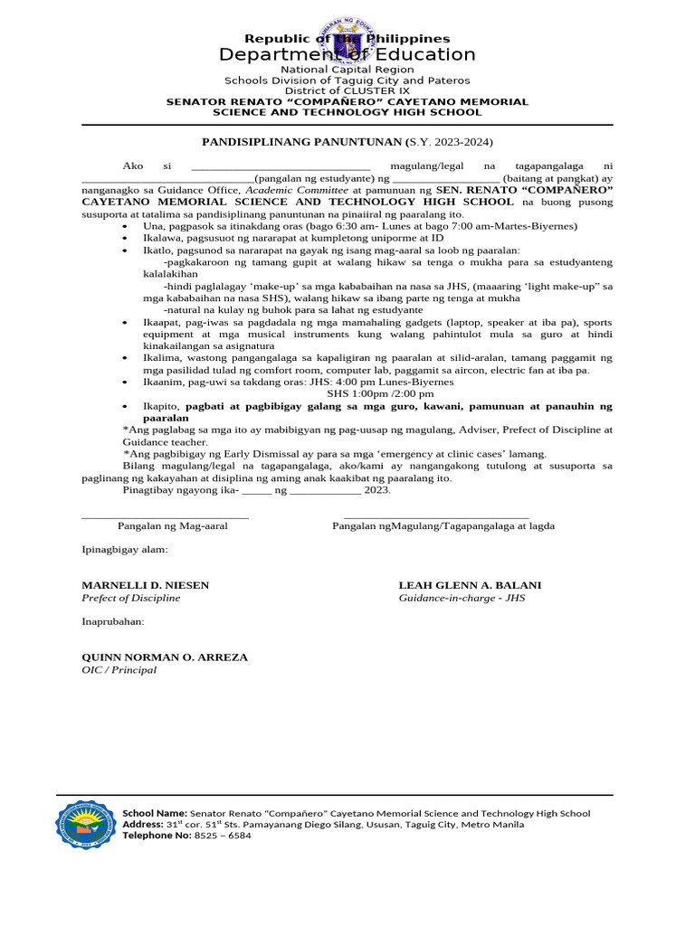 JHS Kasunduan Sa Pandisiplinang Panuntunan 2023 2024 | PDF