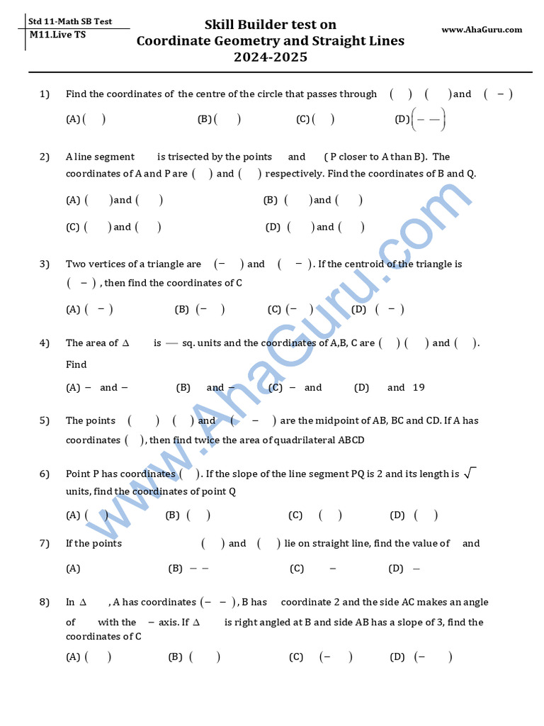 Skill Builder Test On Coordinate Geometry and Straight Lines - 30 Q ...