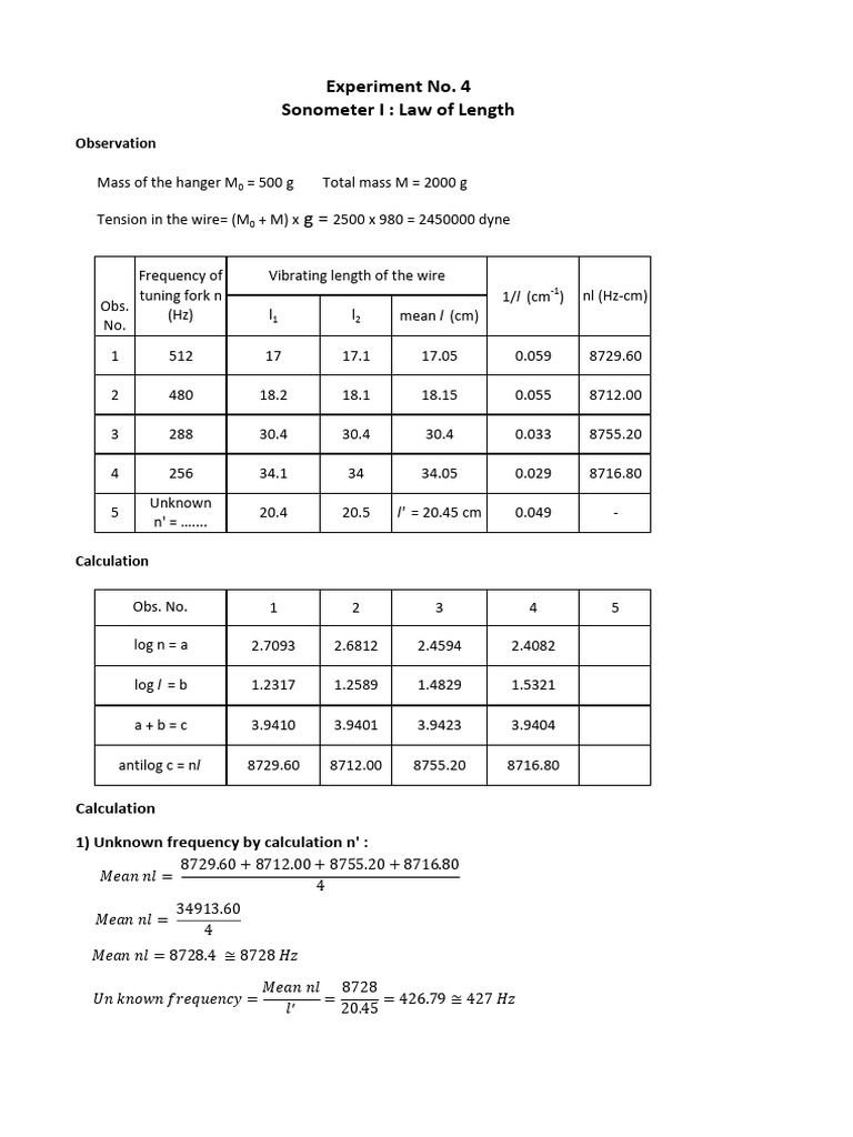 Sonometer Experiment: Law of Length Results | PDF | Frequency | Oscillation