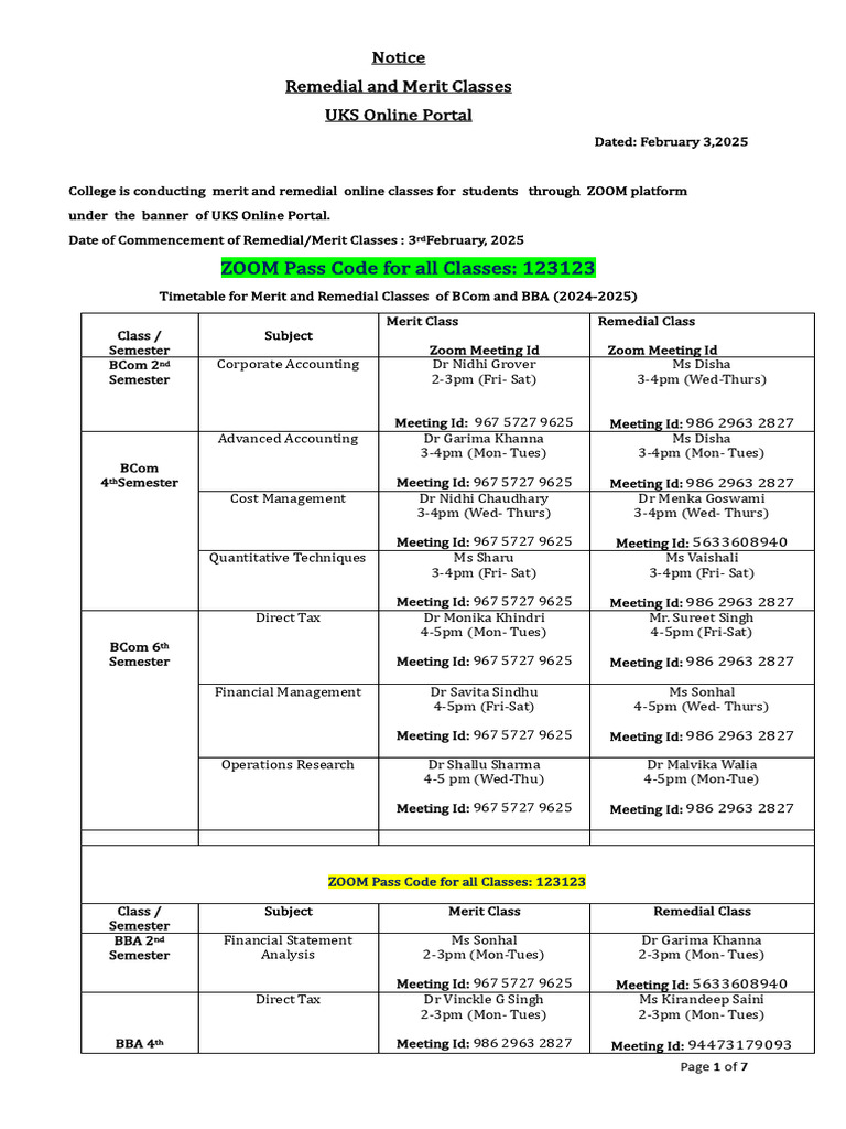 Notice Remedial and Merit Classes Time Table 3 February 2025 Revised ...