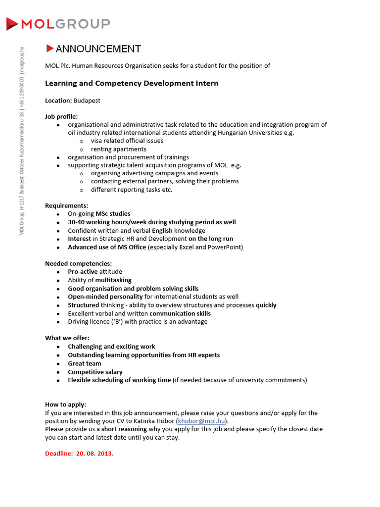 Job Announcement - MOL PLC - HR Intern - Learning and Competency ...