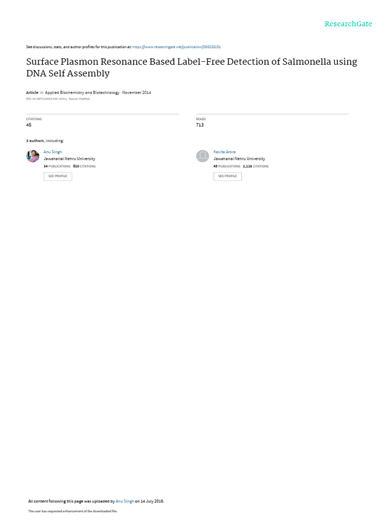 Surface Plasmon Resonance Based Label-Free Detection of Salmonella Using DNA Self Assembly | PDF ...